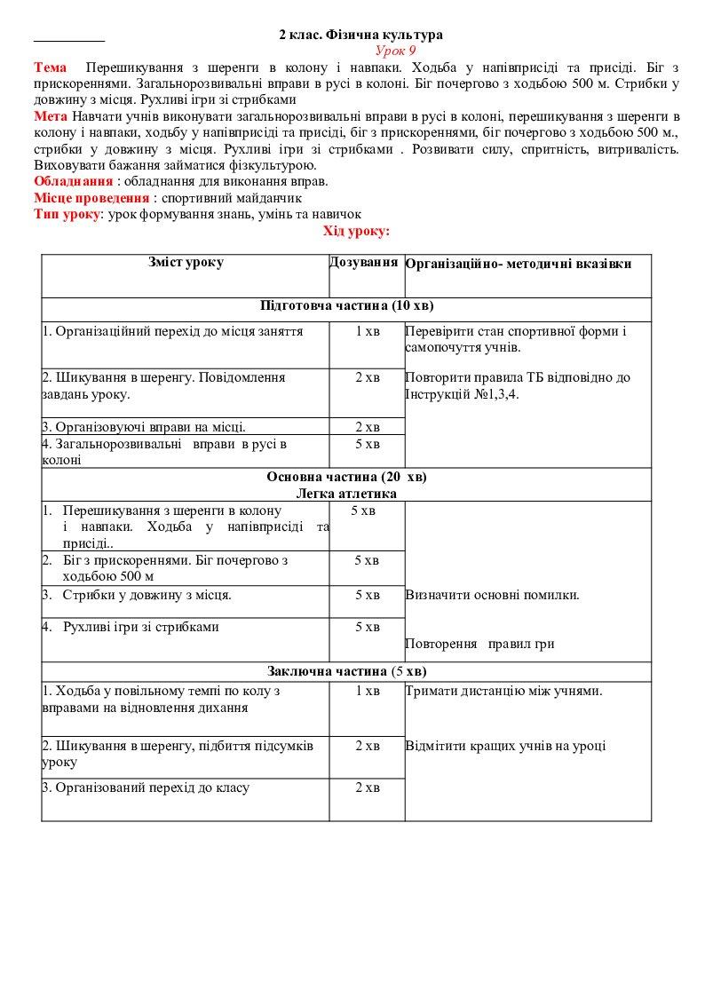 2 клас Фізична культура Урок 9 Тема Легка атлетика Конспект Фізична культура